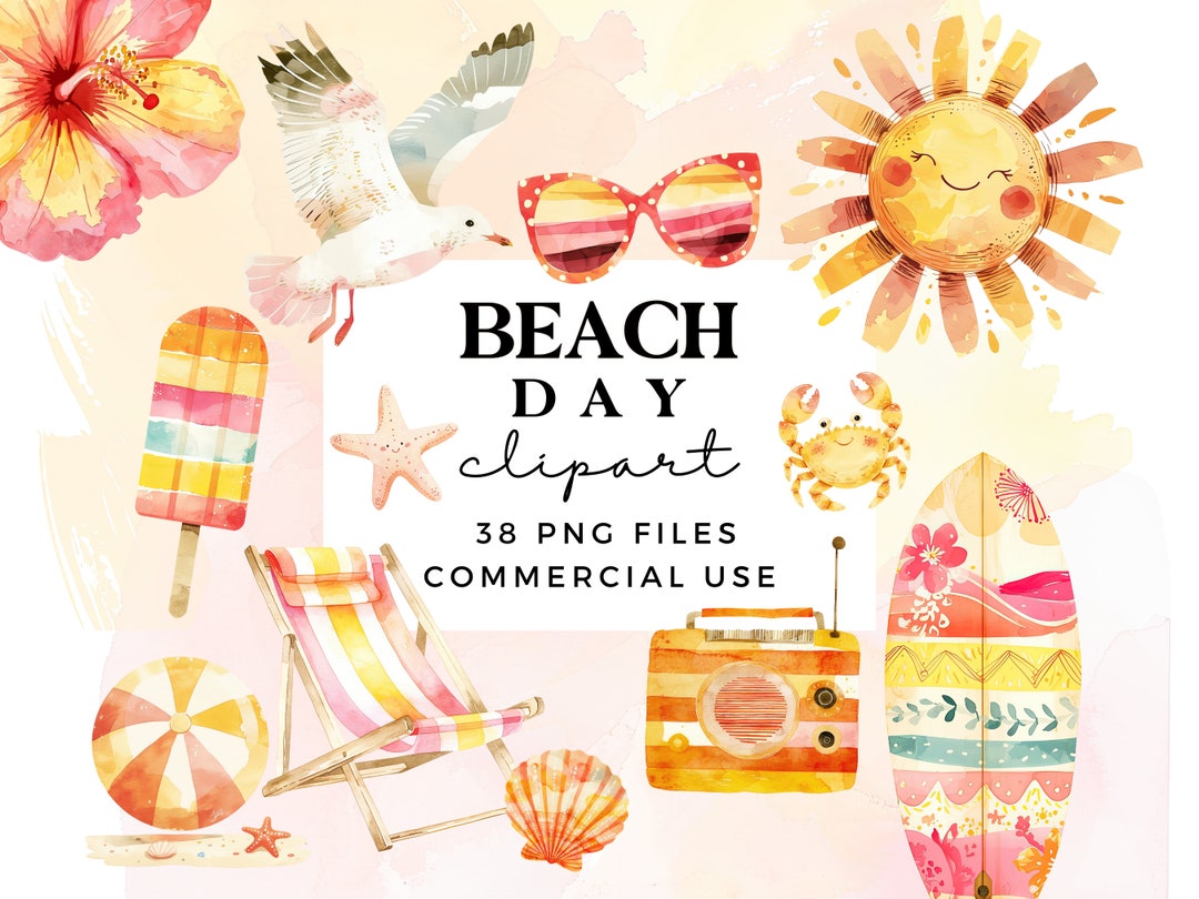 Beach Day Clipart PNG - Cute Summer Clipart Bundle - Watercolour Beach ...