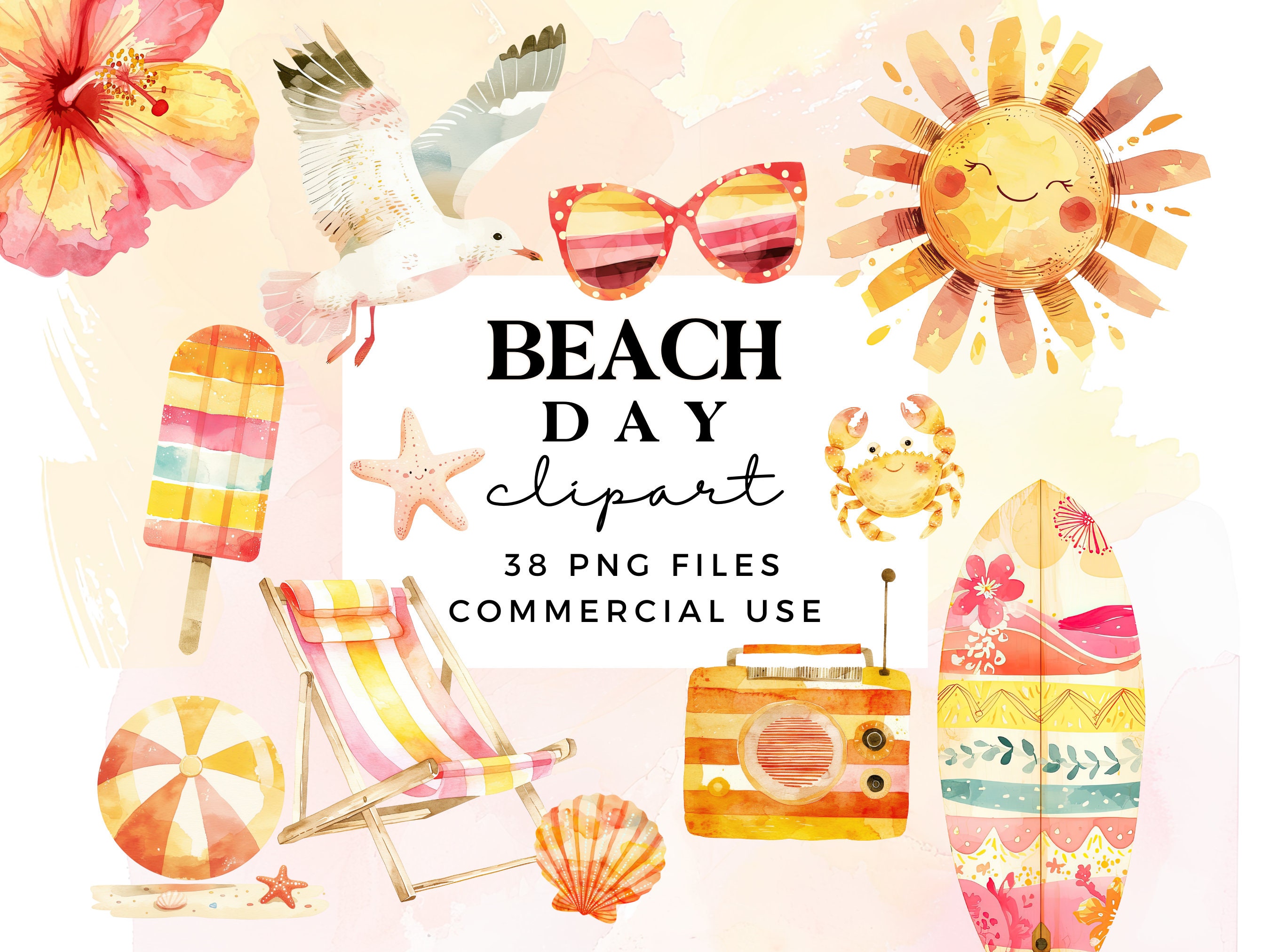 Beach Day Clipart PNG Cute Summer Clipart Bundle Watercolour Beach ...