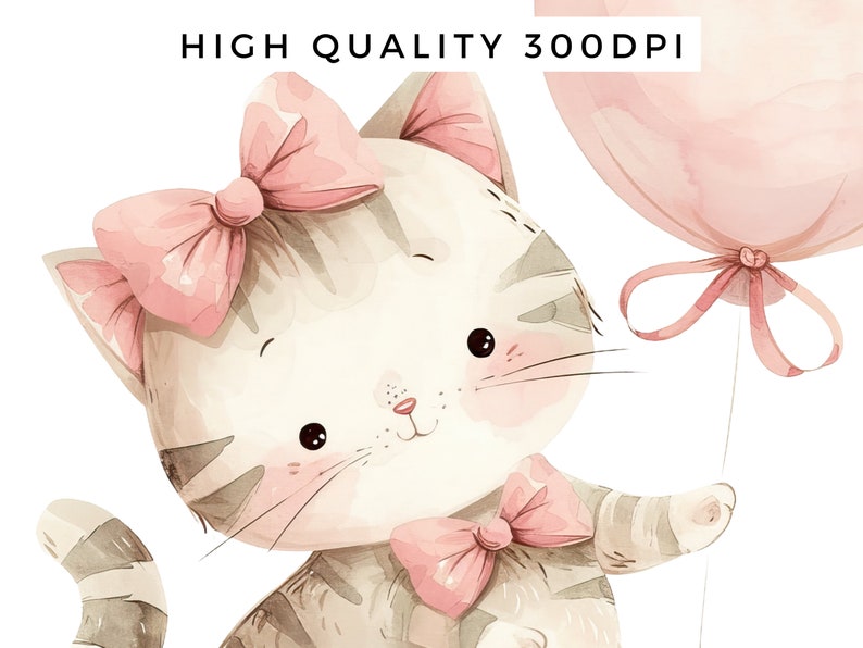 Cute Kitten Clipart Cat With a Balloon Clip Art for Nursery Wall Art ...