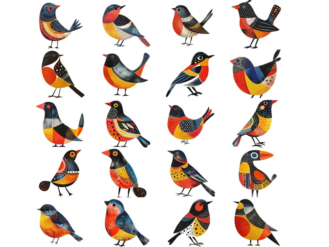 Folk Art Garden Birds Clipart - Colourful Birds Clip Art Illustrations ...