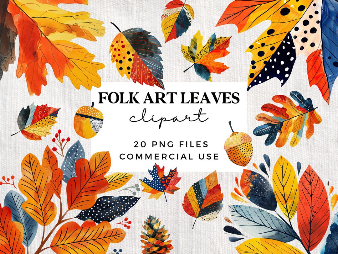 Autumn Leaves Clipart - Folk Art Fall Leaf Clip Art - Thanksgiving ...