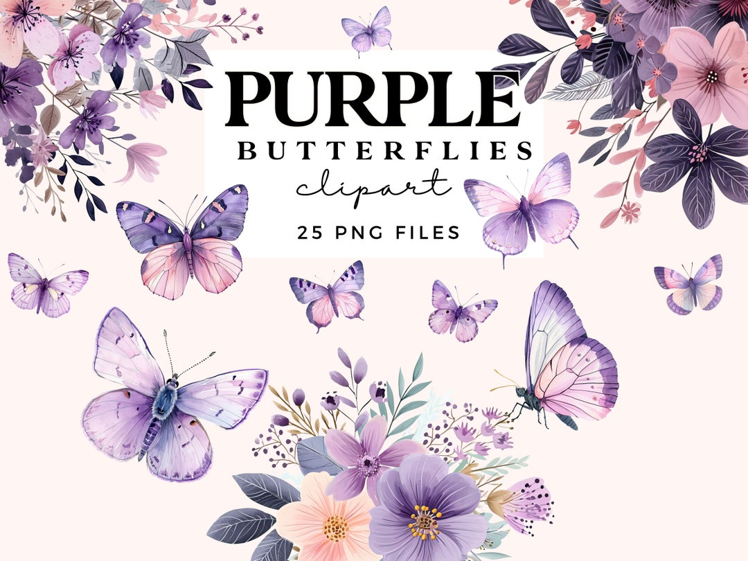 Purple Butterflies Clipart - Watercolour Butterfly & Flowers Clip Art ...