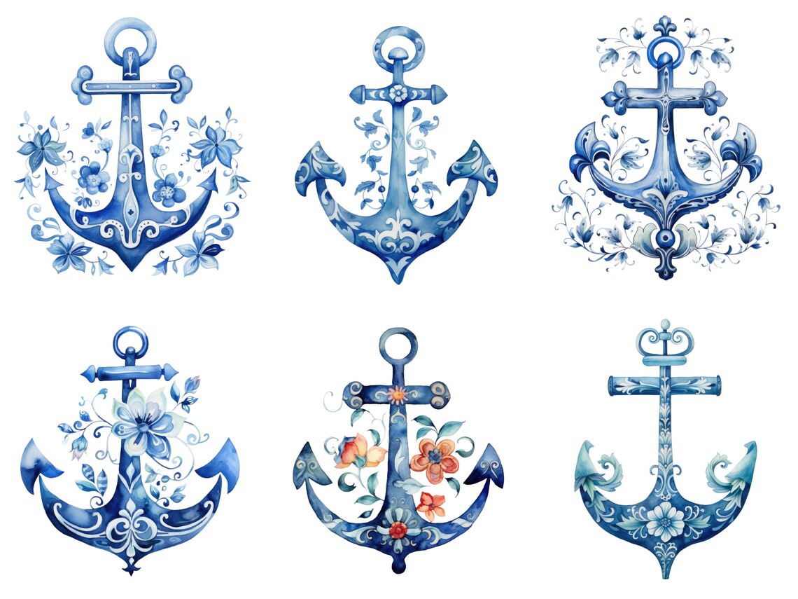Nautical Clipart Anchors and Boats Clip Art in Blue and White ...