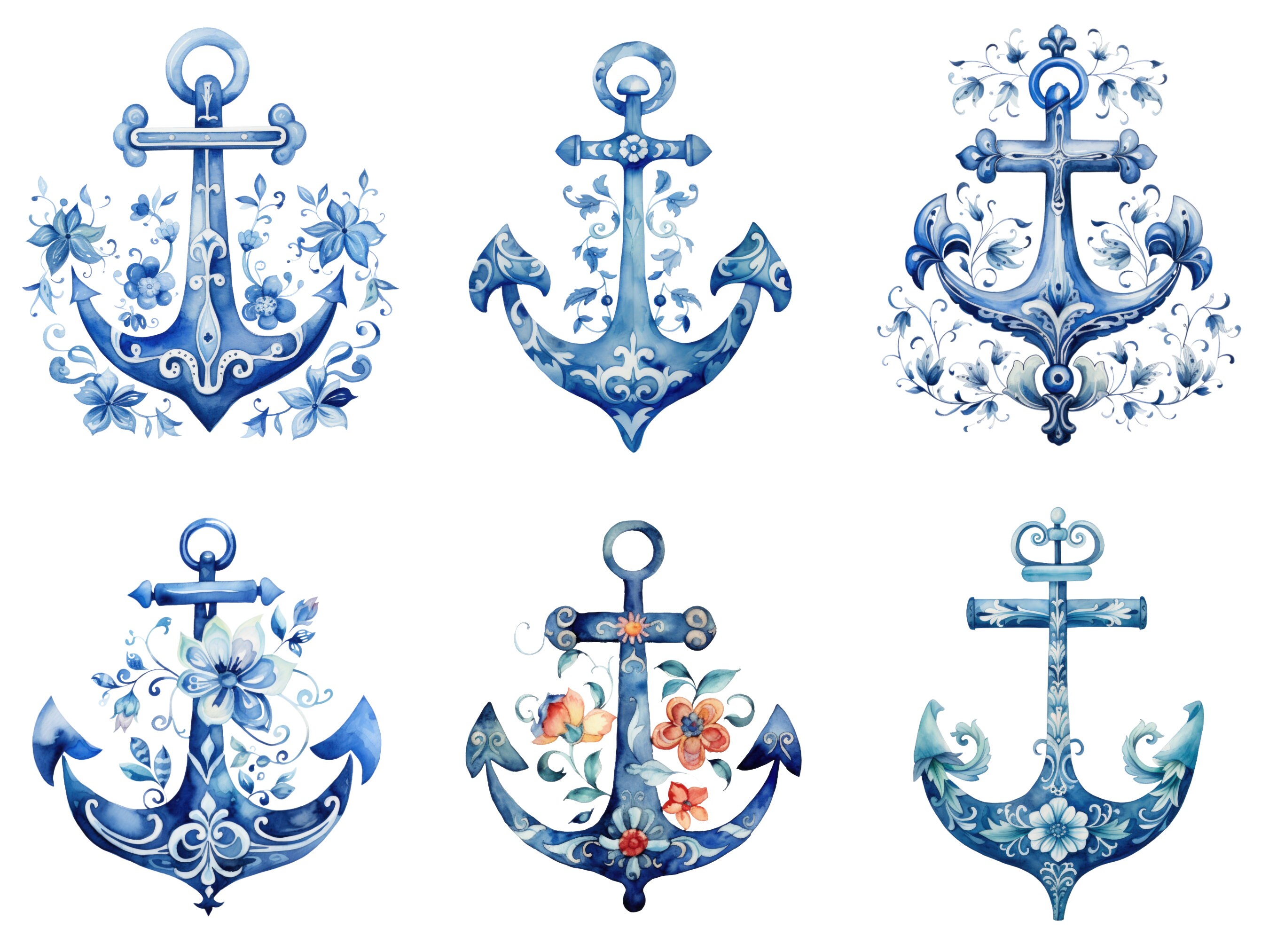 Nautical Clipart Anchors and Boats Clip Art in Blue and White ...