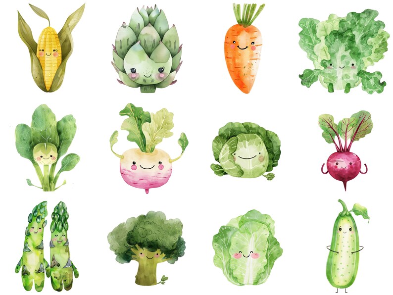 Cute Vegetables Clipart PNG Watercolour Veggies Clipart Bundle Kawaii ...