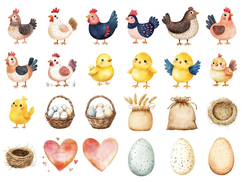 Cute Chicken Clipart Set - Watercolour Chicks Clip Art Bundle - Farm ...