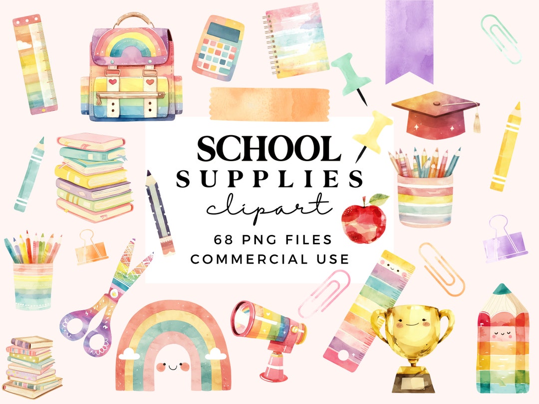 School Clipart Set - Watercolour School Supplies Clipart Bundle - Back ...