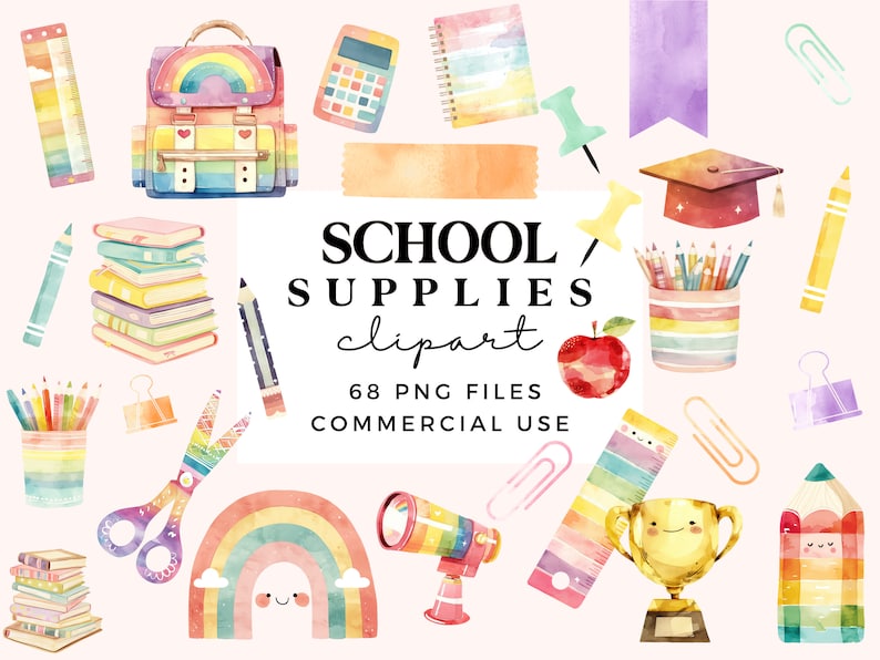 School Clipart Set Watercolour School Supplies Clipart Bundle Back to ...