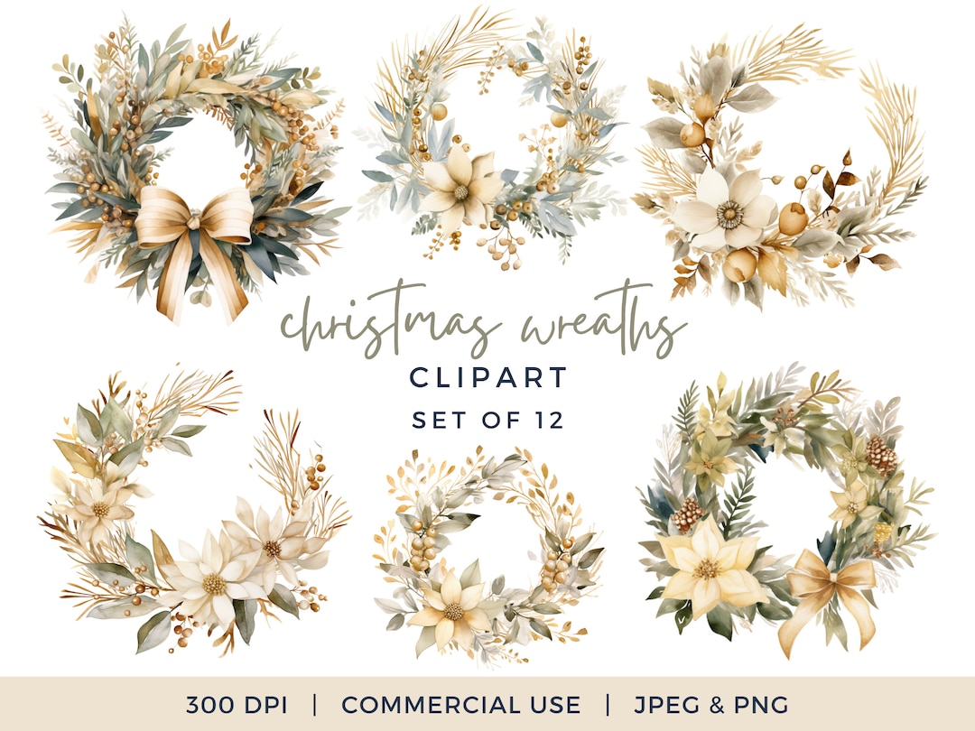 Elegant Christmas Wreaths Clipart White and Gold Festive - Etsy