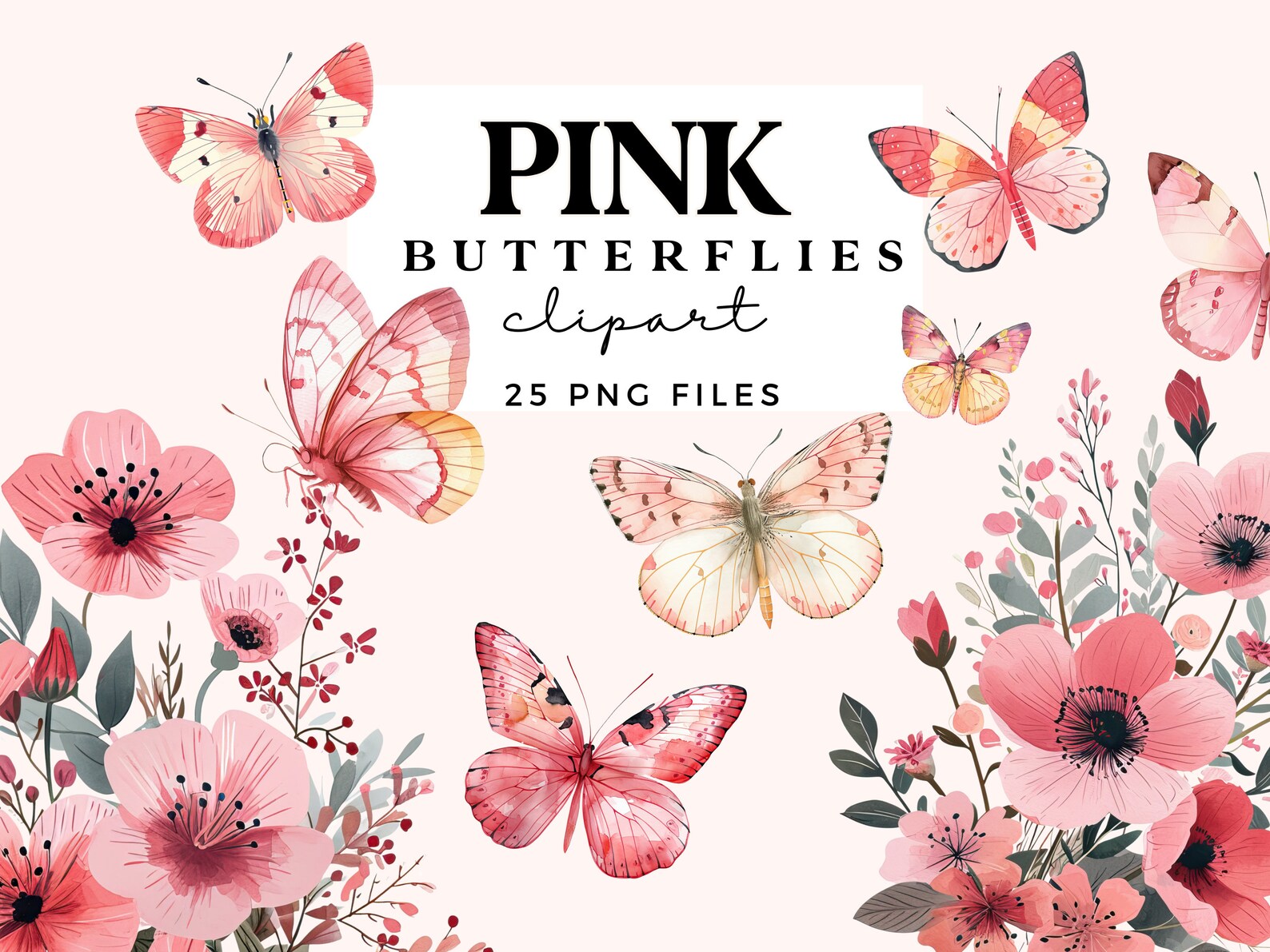 Pink Butterflies Clipart Watercolour Butterfly & Flowers Clip Art ...