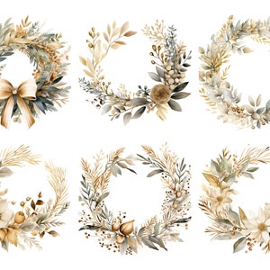 Elegant Christmas Wreaths Clipart - White and Gold Festive Floral Clip ...