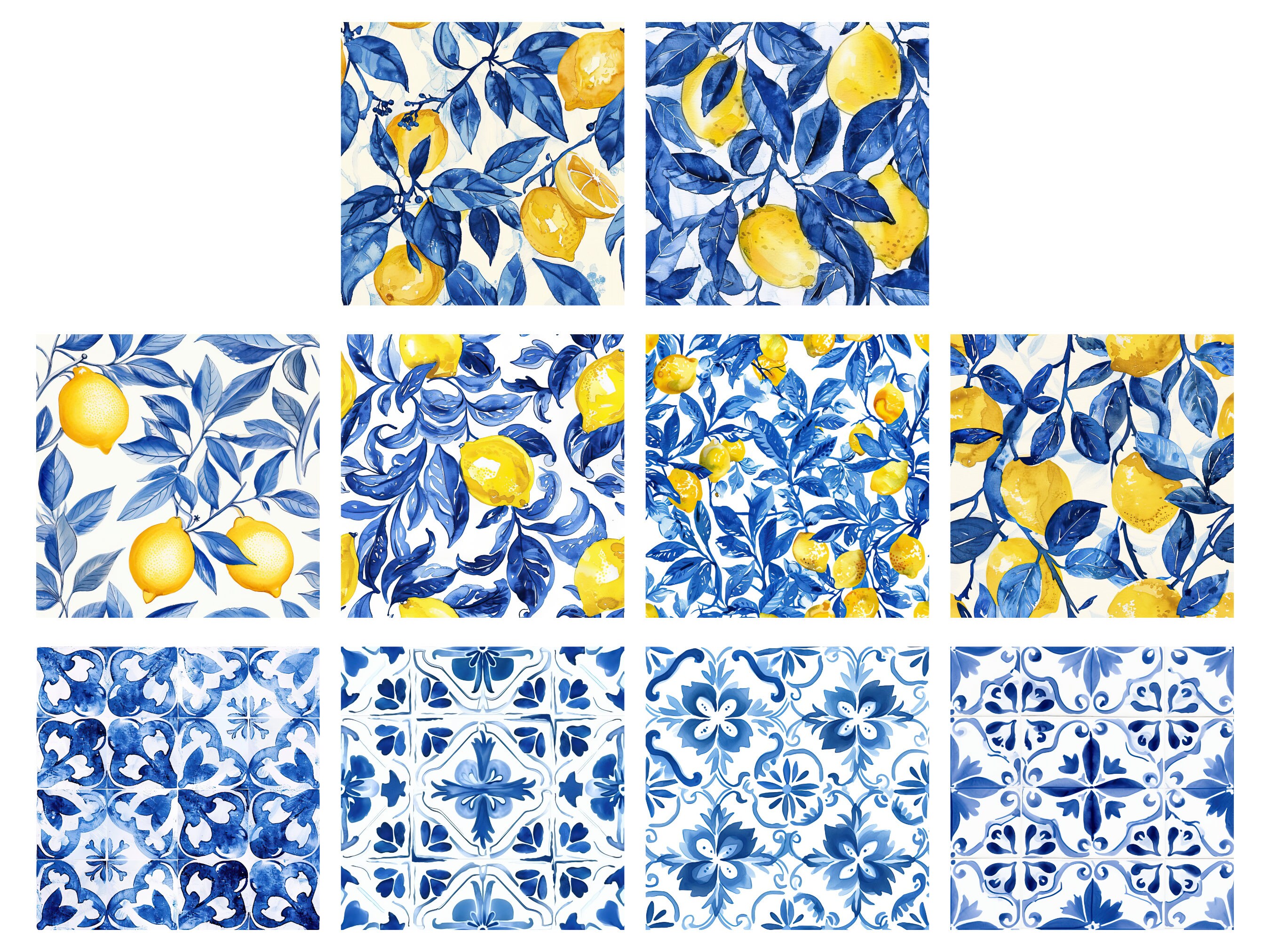 Watercolour Lemons Clipart Blue Mediterranean Tiles Clipart Bundle ...