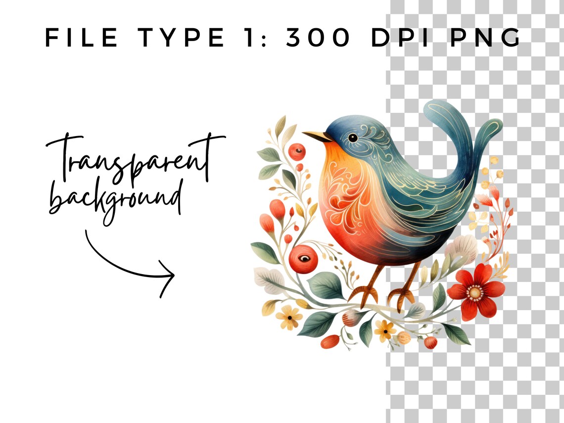 Watercolour Folk Art Garden Birds Clipart - Rosemaling Birds Clip Art ...