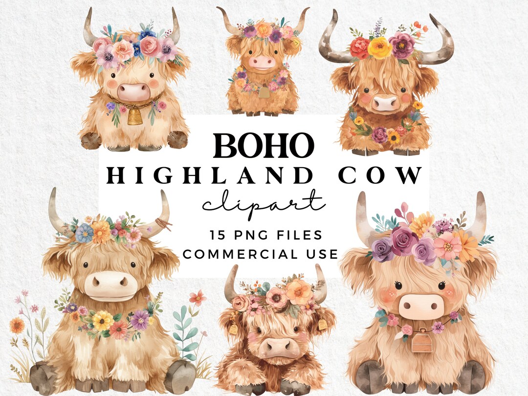 Boho Highland Cow Clipart - Watercolour Highland Cow Pngs for ...