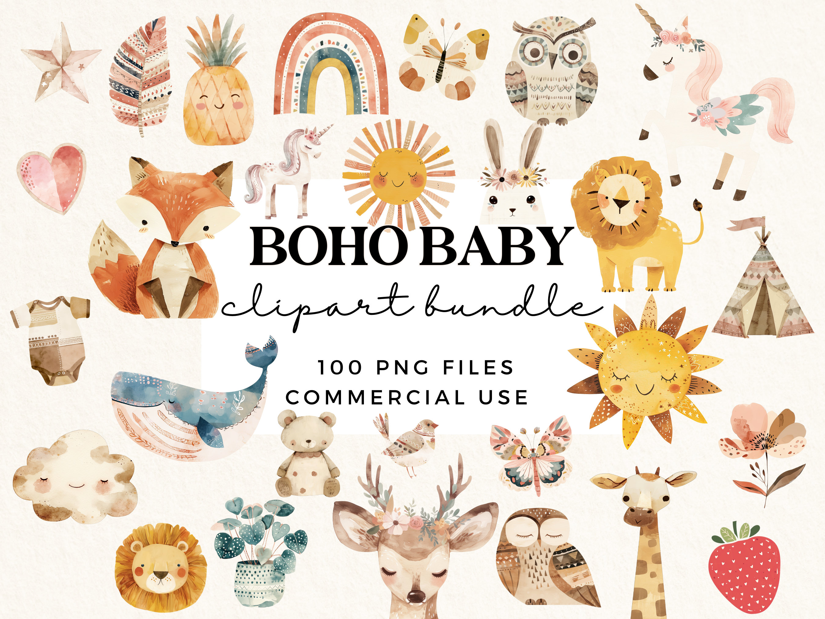 Boho Baby Clipart Bundle - Watercolour Nursery Animal Clip Art - Cute ...