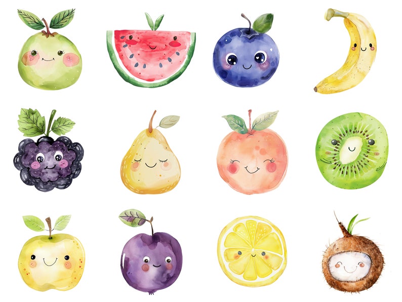 Cute Fruit Clipart PNG Watercolour Fruits Clipart Bundle Kawaii Fruits ...