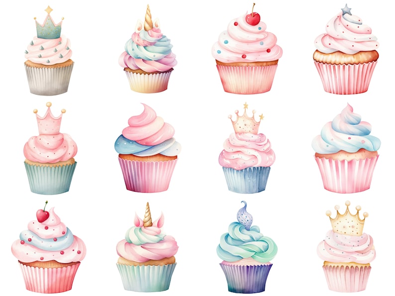 Pastel Watercolor Cupcake Clipart Set Bun Cake Clip Art Bundle Mermaid ...