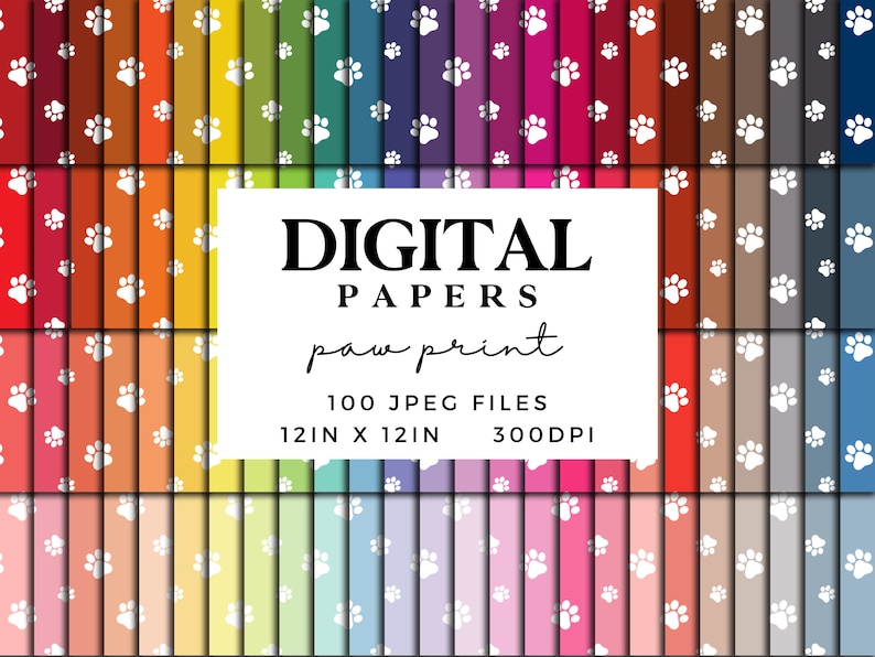 Paw Print Digital Paper 100 Colours - Cute Paw Seamless Pattern ...