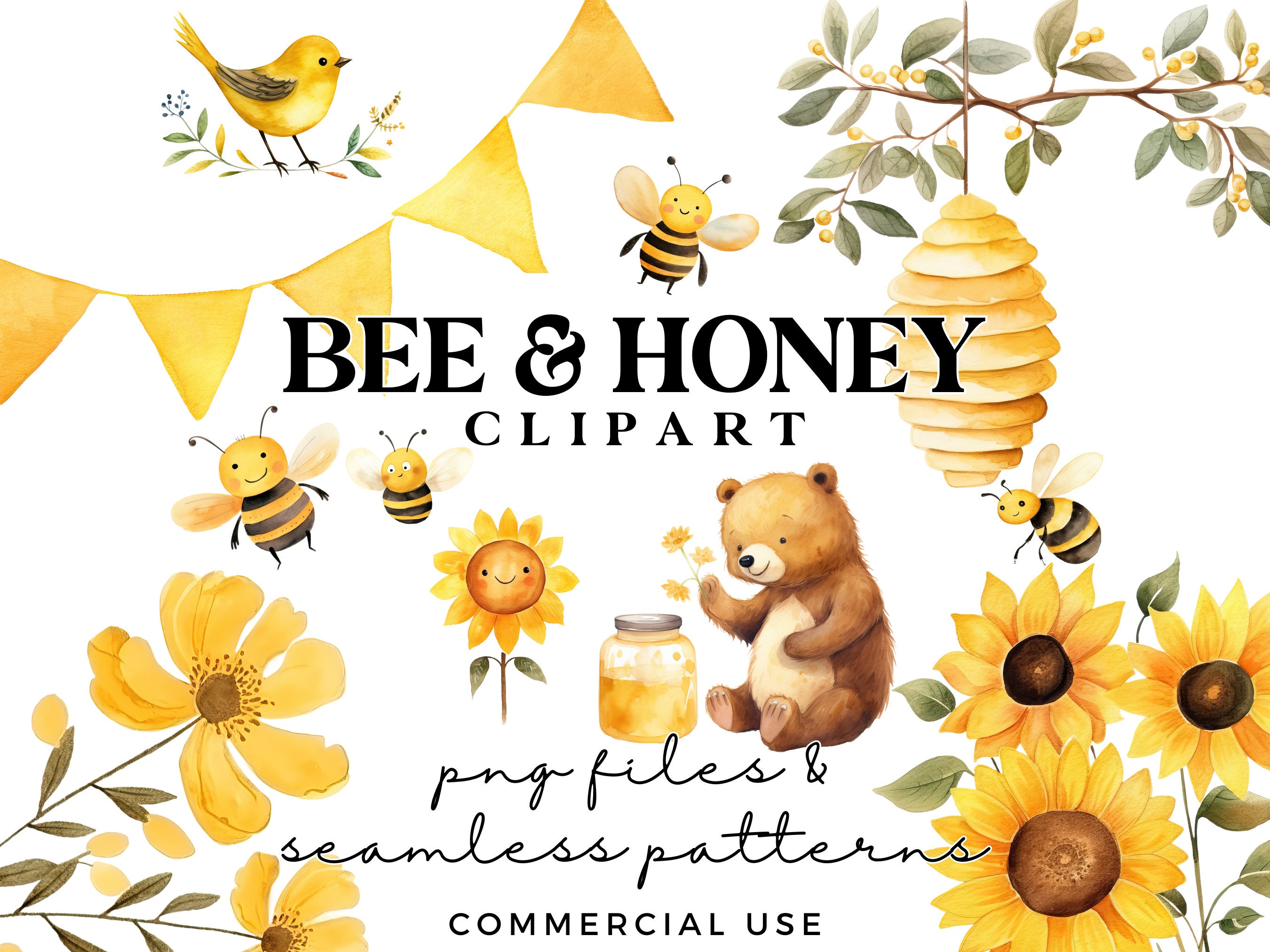 45 X Honey Bee Clipart Bundle Watercolor Bee Clip Art Set With Beehives ...