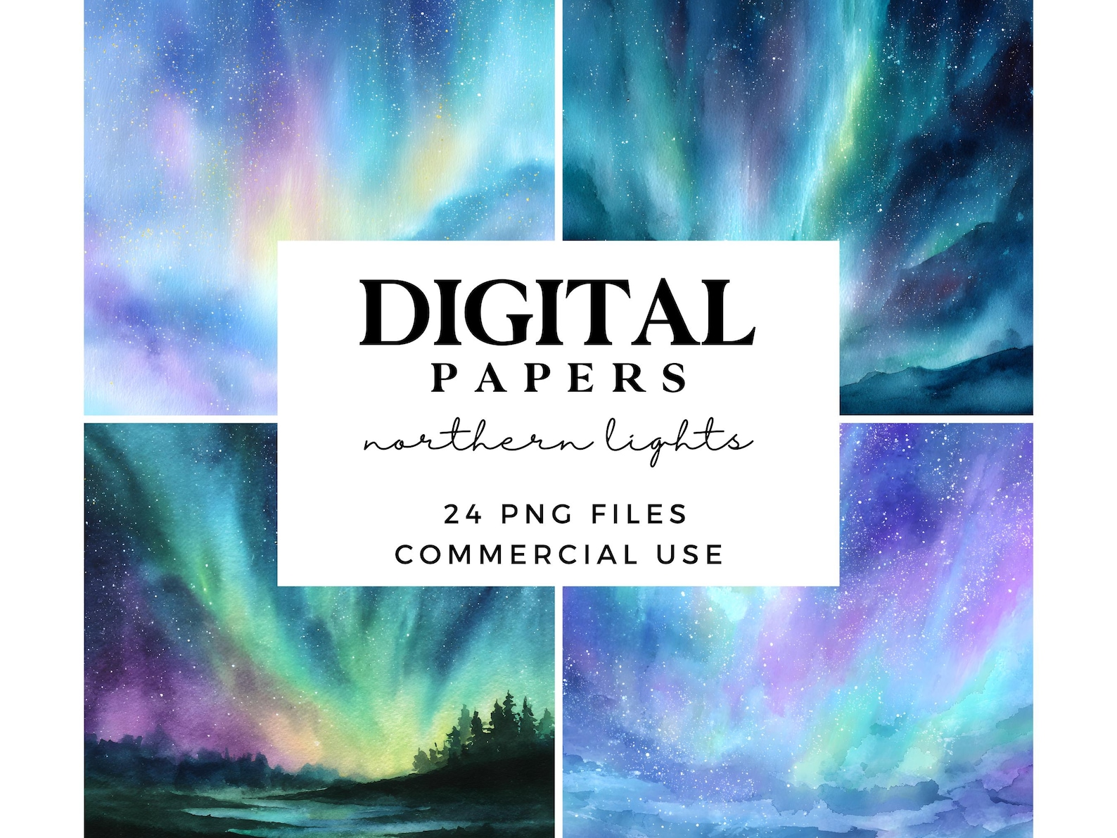 Northern Lights Digital Paper - Watercolour Aurora Borealis Scrapbook ...