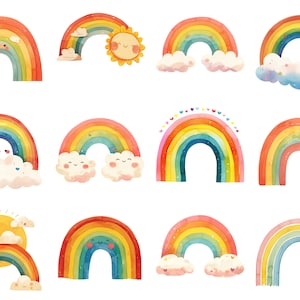 Cute Rainbow Clipart Bundle - Kawaii Rainbow Clipart Set - Watercolour ...