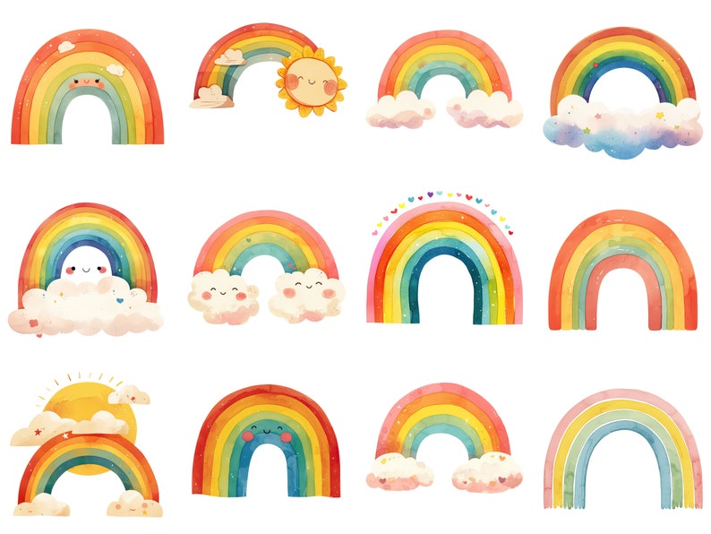 Cute Rainbow Clipart Bundle Kawaii Rainbow Clipart Set Watercolour Clip ...
