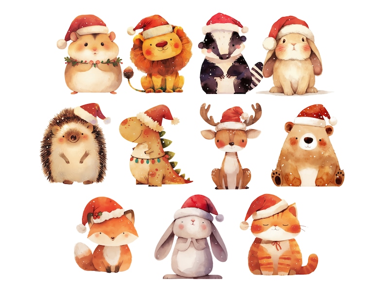 Animals in Santa Hats Clipart Cute Watercolour Christmas Animals ...