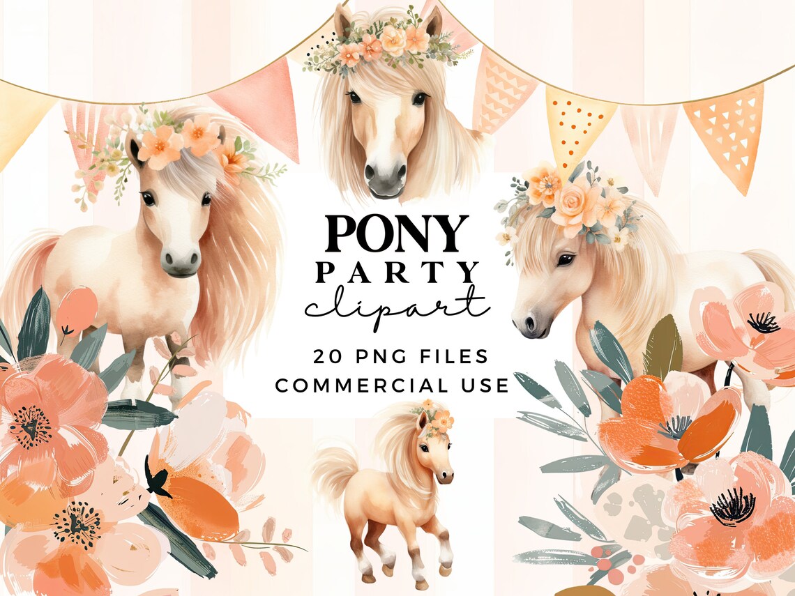 Pony Party Clipart Set - Boho Watercolour Pony Clipart Bundle - Floral ...