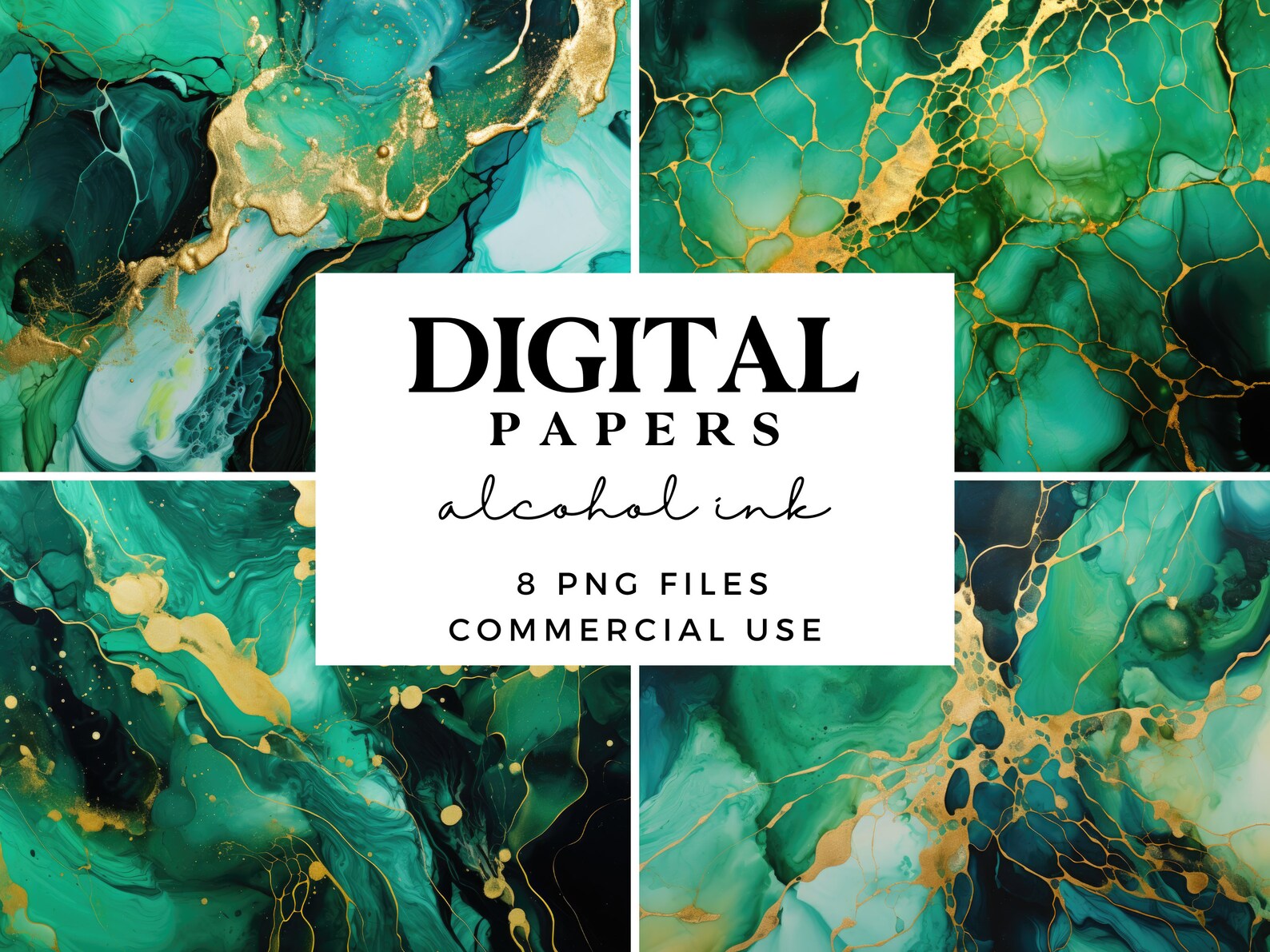 Green & Gold Alcohol Ink Digital Paper Set Clipart Set - Etsy