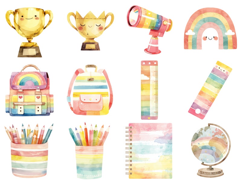 School Clipart Set - Watercolour School Supplies Clipart Bundle - Back ...