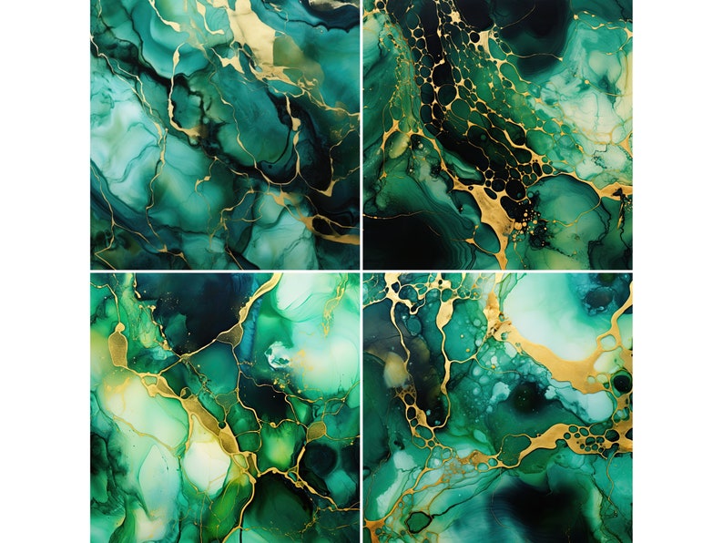 Green & Gold Alcohol Ink Digital Paper Set Clipart Set - Etsy