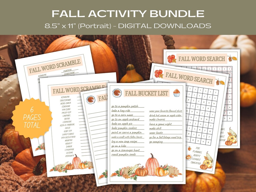Fall Activity Bundle, Printable Seasonal Games, Fall Word Search, Fall ...