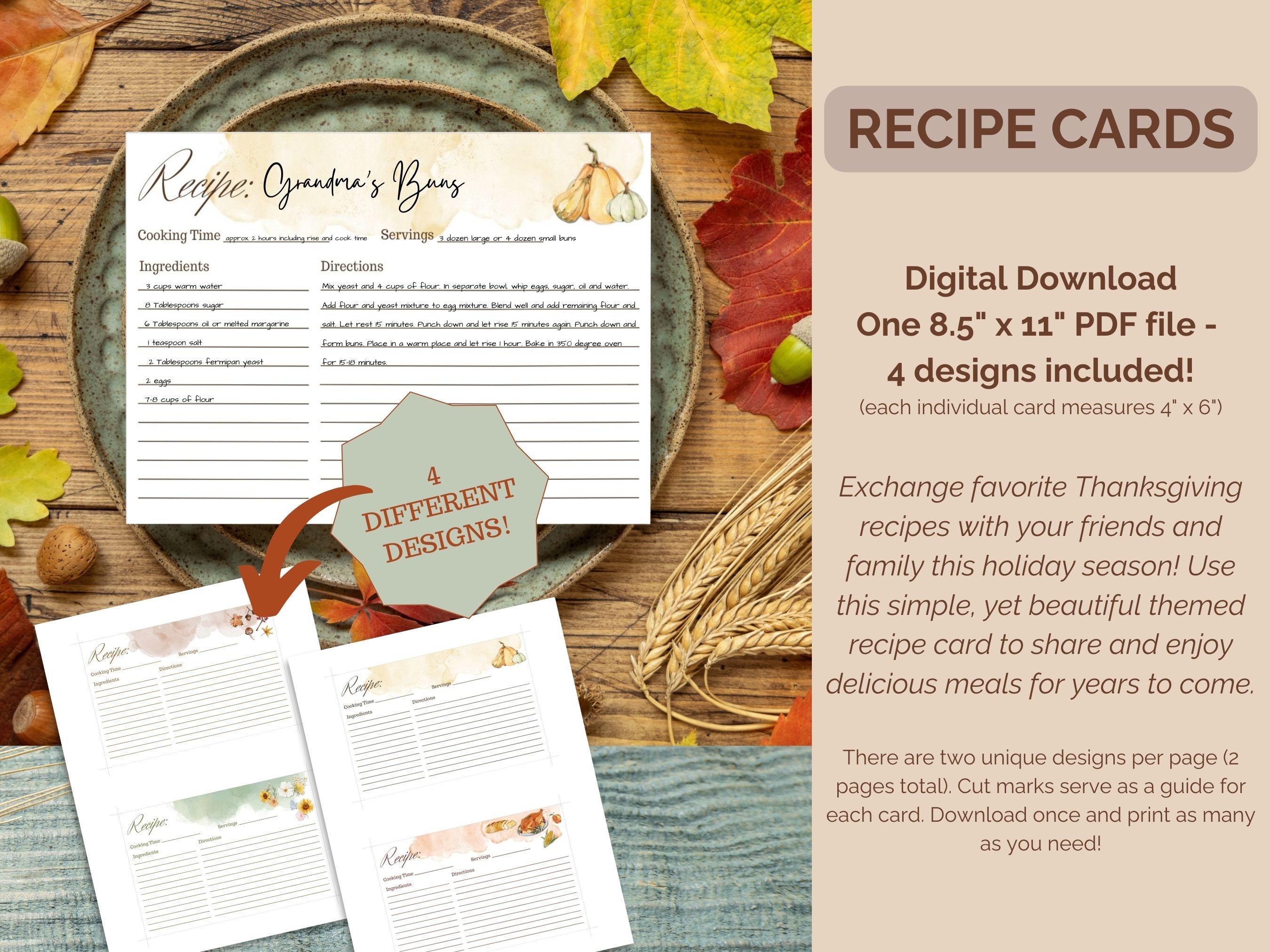 Printable Thanksgiving Recipe Cards, Printable Recipe Cards, Blank ...