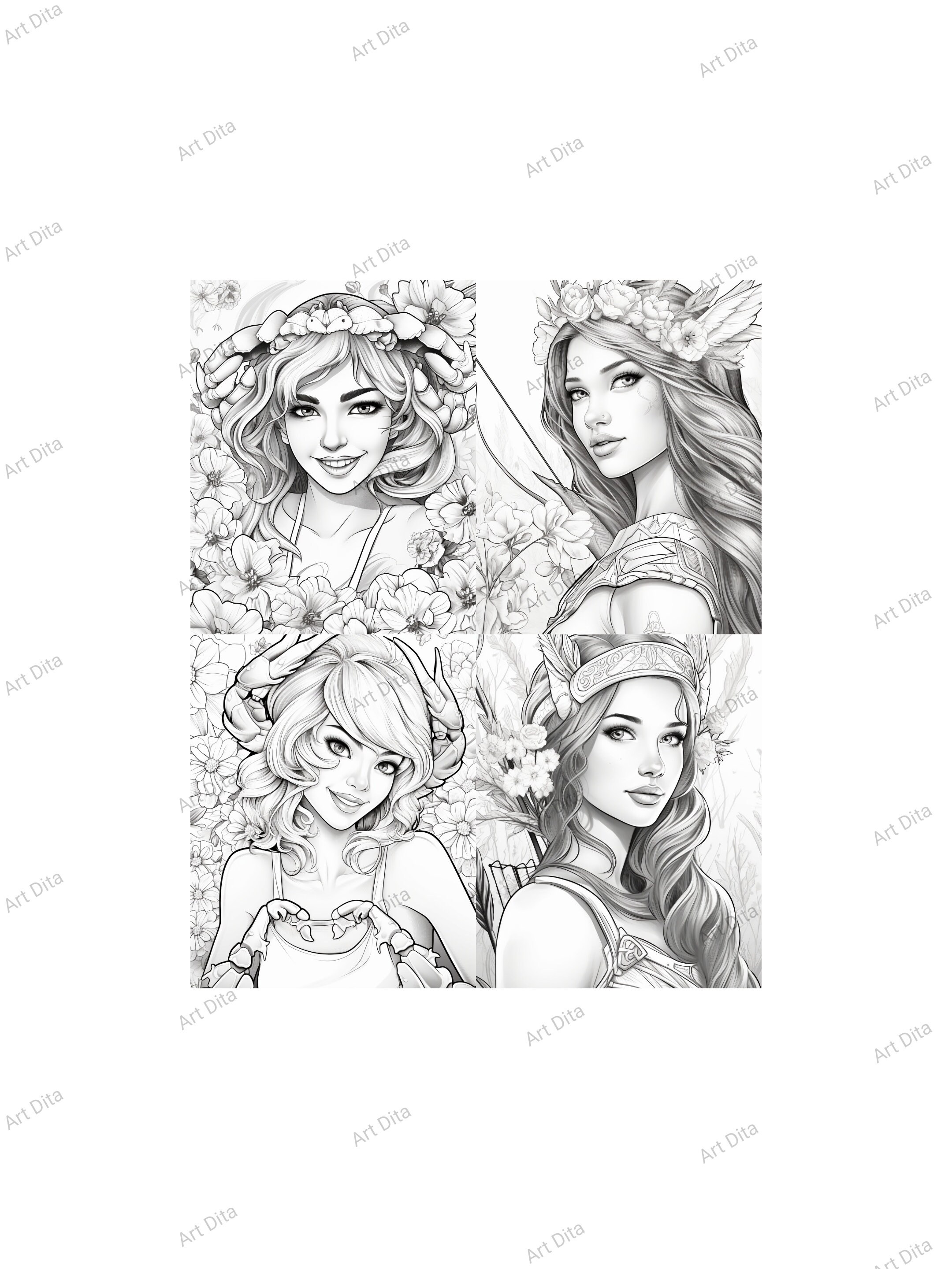 24 Women of the Zodiac Signs Coloring Pages, for Adults & Kids, Size ...