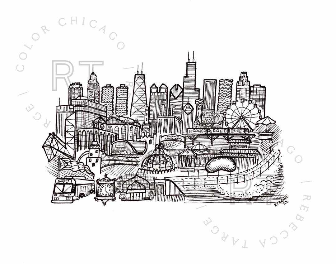 Ink Drawing of Chicago Landmarks - Etsy
