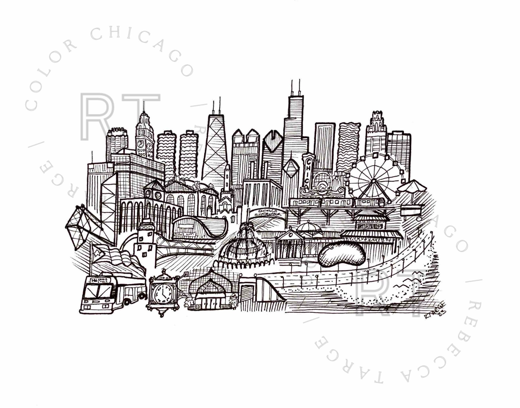 Ink Drawing of Chicago Landmarks - Etsy