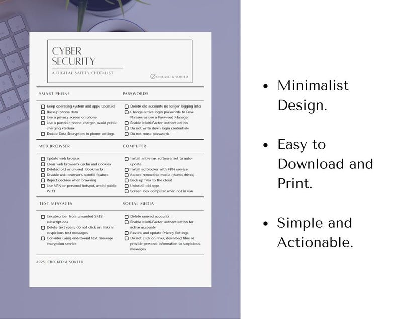 Cyber Security, Checklist, Minimalist Design, Digital Download, Instant ...