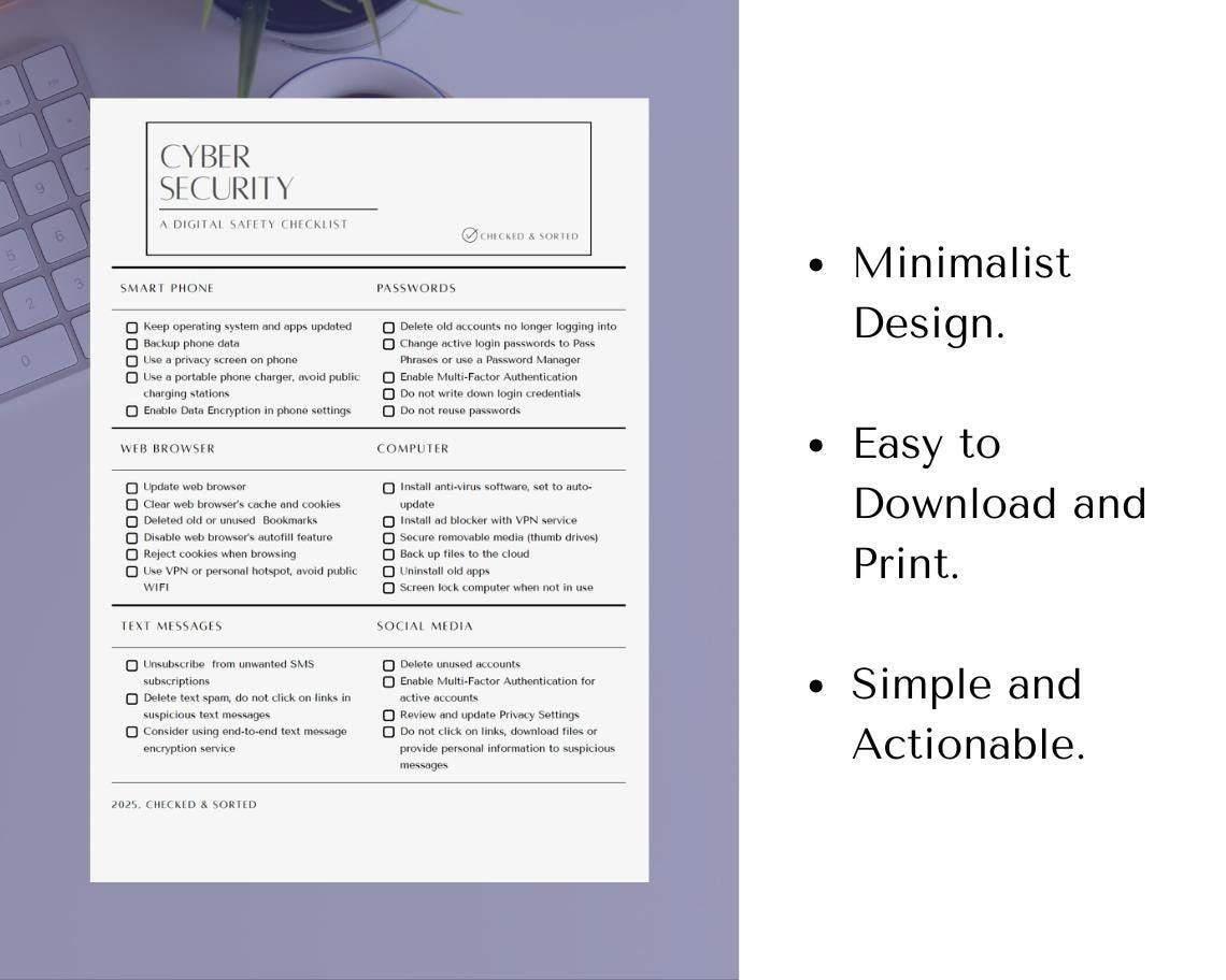 Cyber Security, Checklist, Minimalist Design, Digital Download, Instant ...
