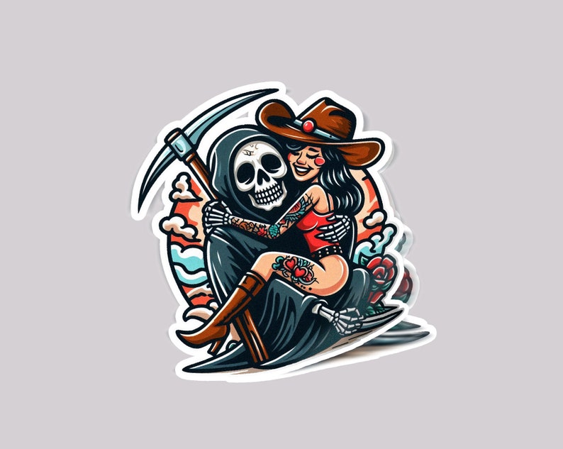 Grim Reaper Cowgirl Traditional Tattoo Stickers glossy Stickers indoor ...