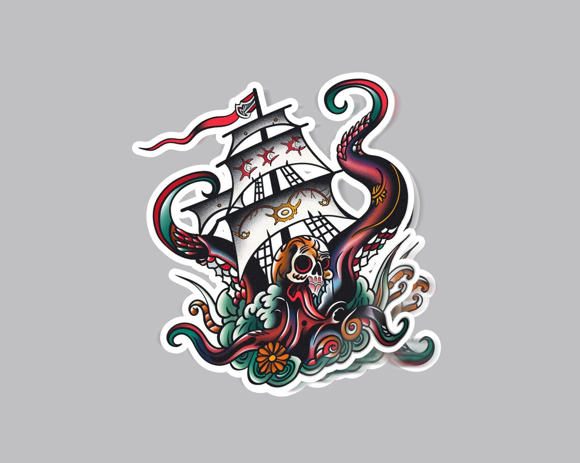 Kraken Traditional Tattoo Glossy Stickers Indoor Stickers Waterproof ...