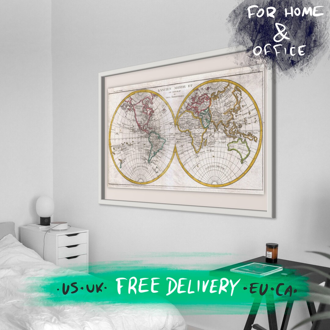 1780 Map of the Two Hemispheres, Highly Detailed Retro Map Print, 200 ...