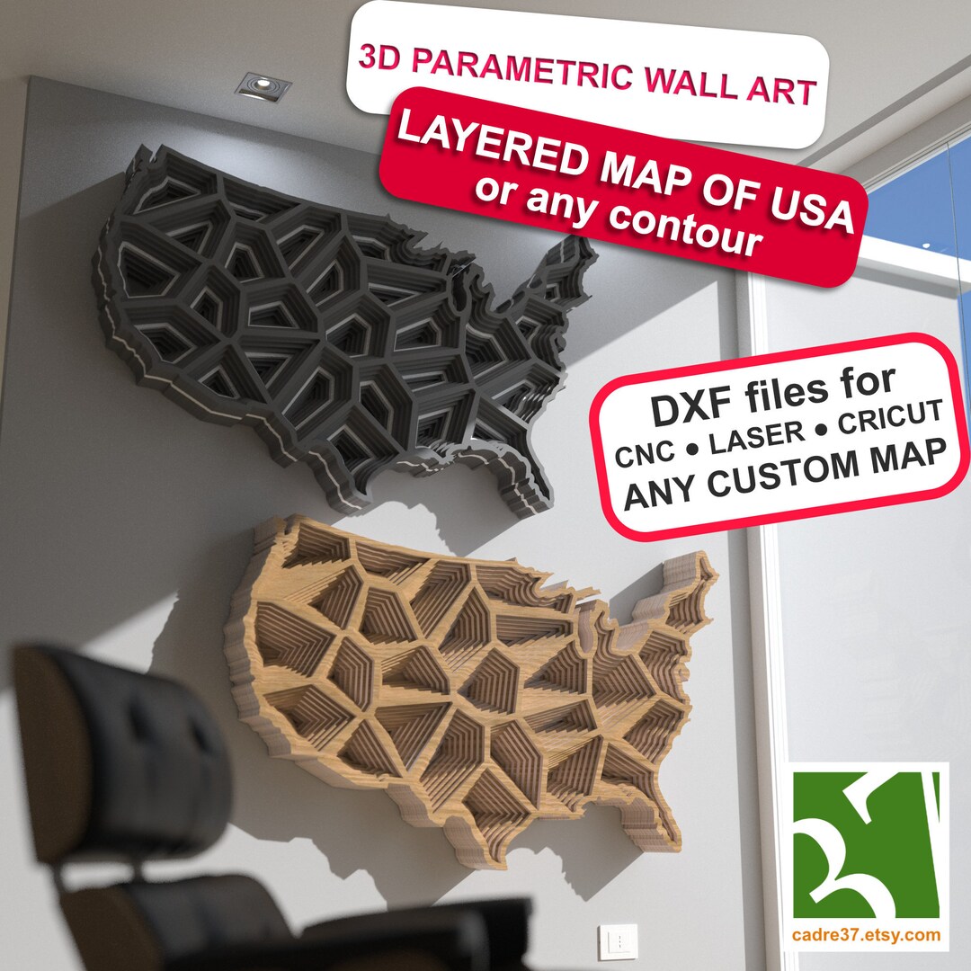 Parametric Wall Art, 3D Map of USA or Any Contour for CNC, Laser or ...