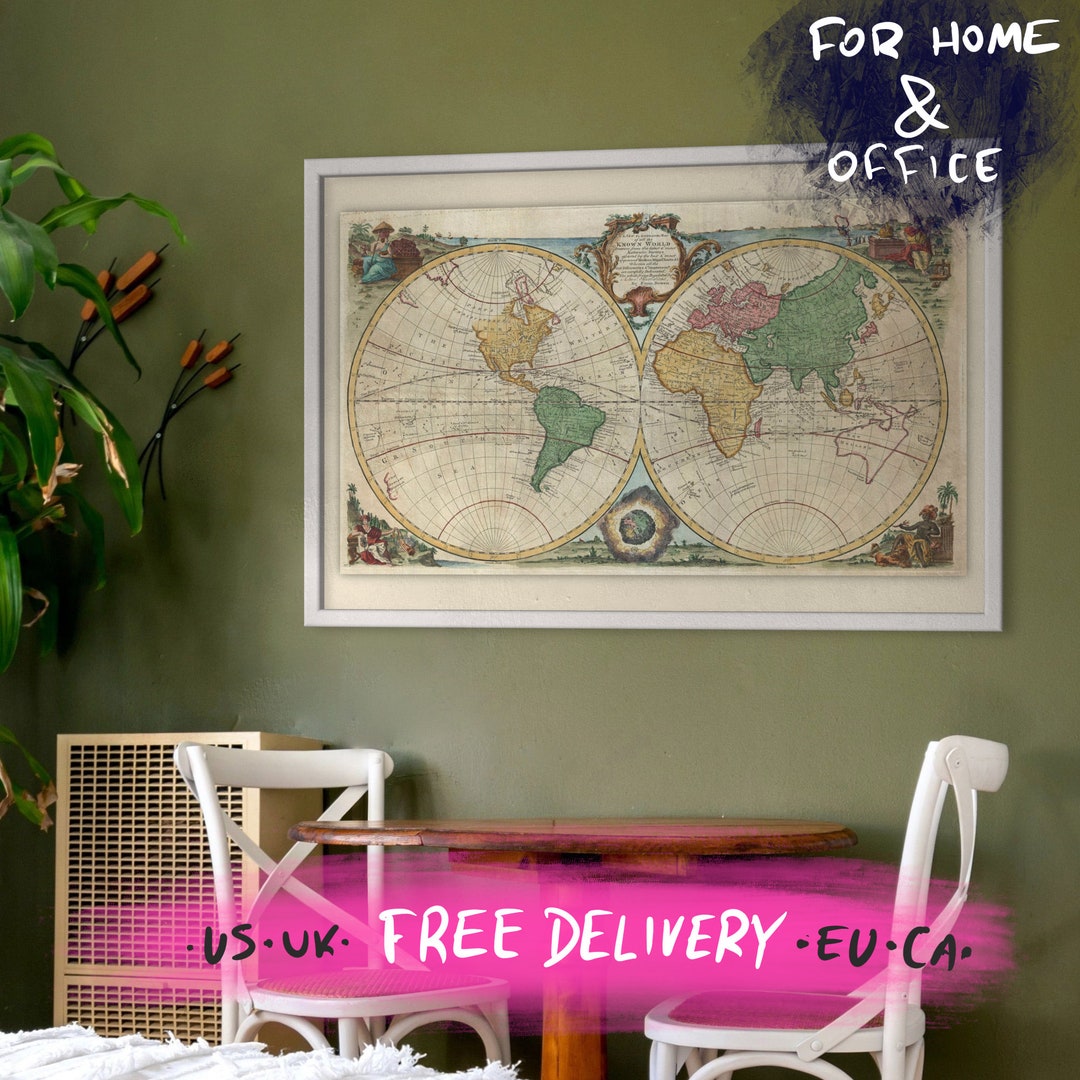 1744 Map of the World in Hemispheres Vintage Map Print Super - Etsy