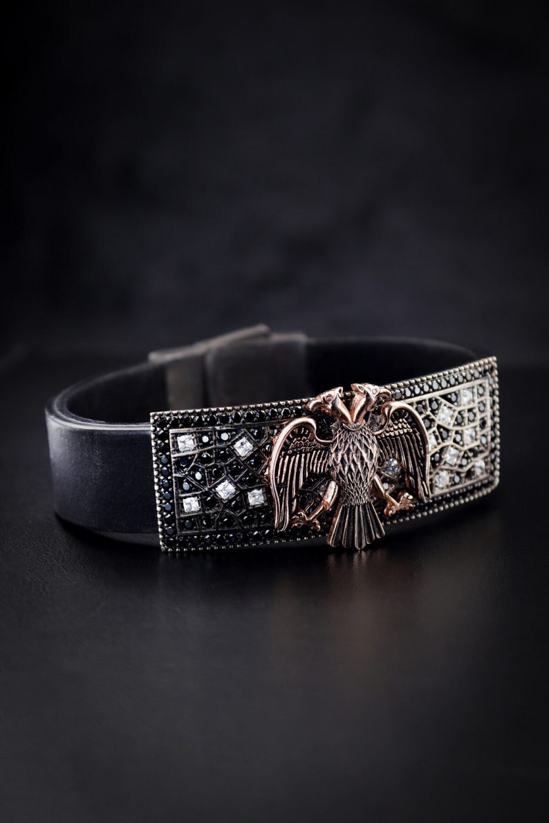Double Headed Eagle Bracelet Leather Cord 925 Sterling Silver, Handmade ...