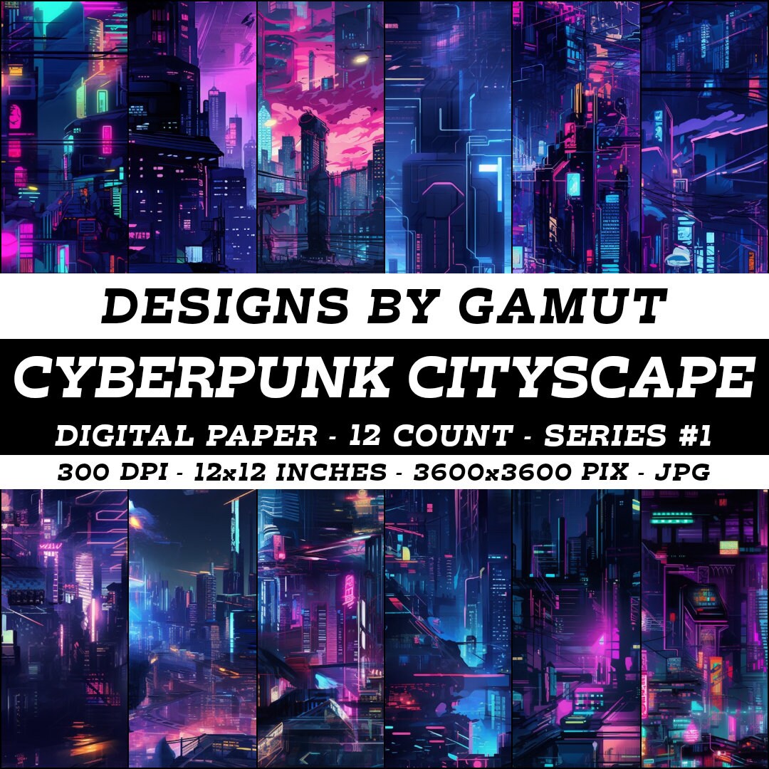 Cyberpunk Cityscape Digital Paper, 12x12 Inch Seamless Pattern Digital ...