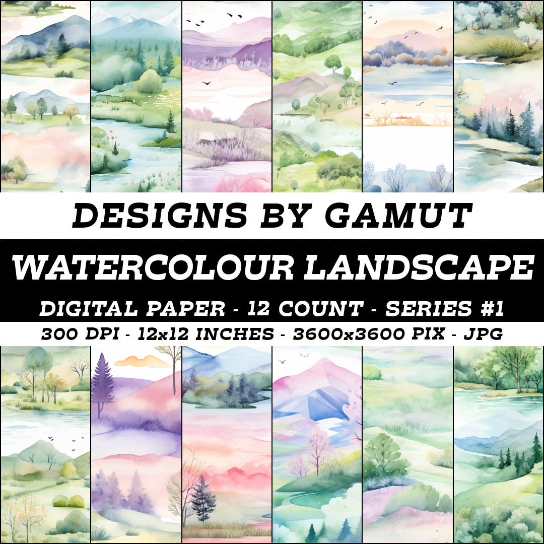 Watercolor Landscape Digital Paper, 12x12 Inch Seamless Pattern Digital ...