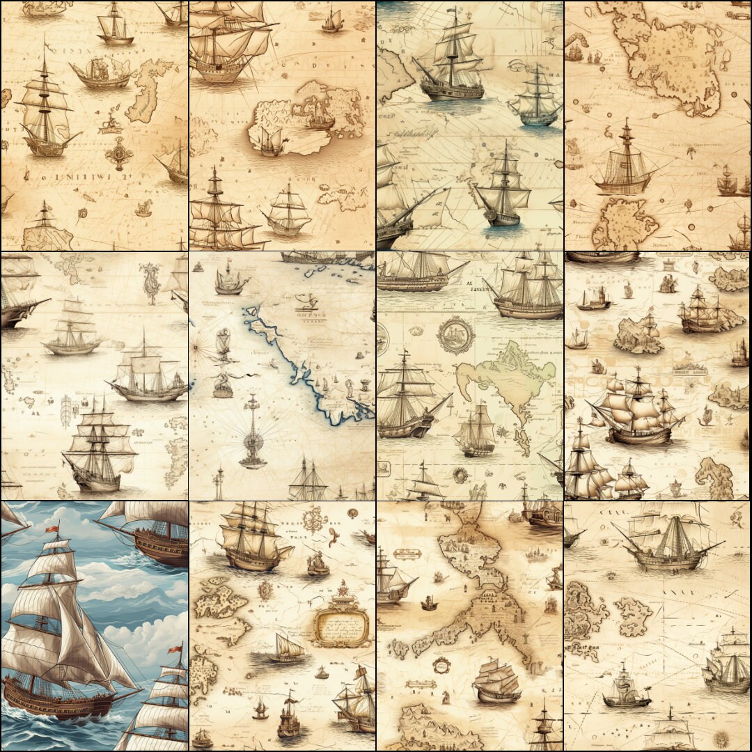 Vintage Maps Ships Digital Paper, Printable World Maps 12x12 Old Atlas ...