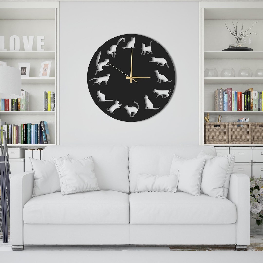 Cat Silhouette Laser Cut Metal Wall Clock, Modern Cat-themed Wall Art ...