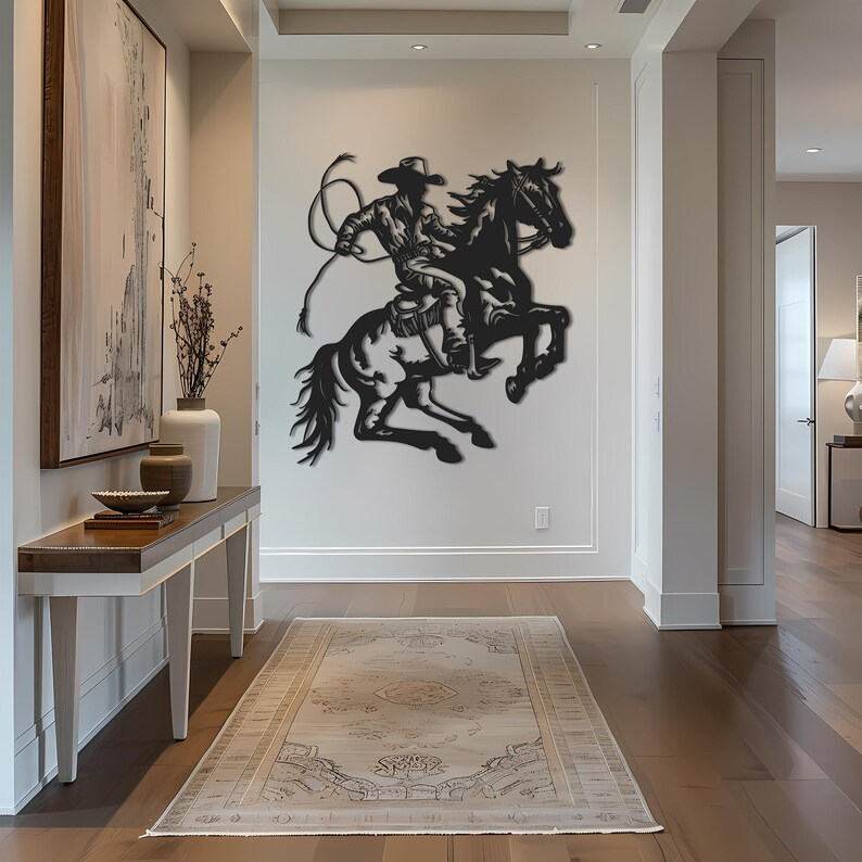 Modern Cowboy Riding Horse Silhouette, Unique Rodeo Decor for Home ...