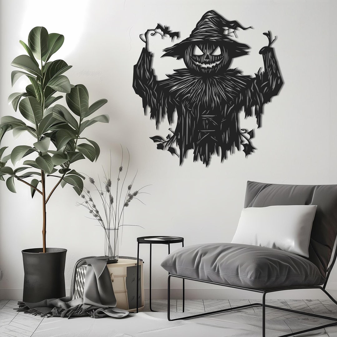 Modern Scarecrow With Jack-o'-lantern Head Laser Cut Metal Wall Art ...